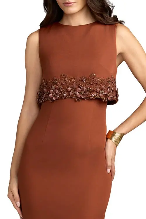Mac Duggal Sleeveless Embellished Cape Sheath Midi Dress