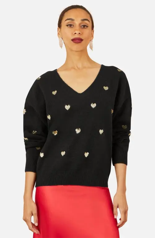 YUMI Sequin Heart V-neck Jumper - Black