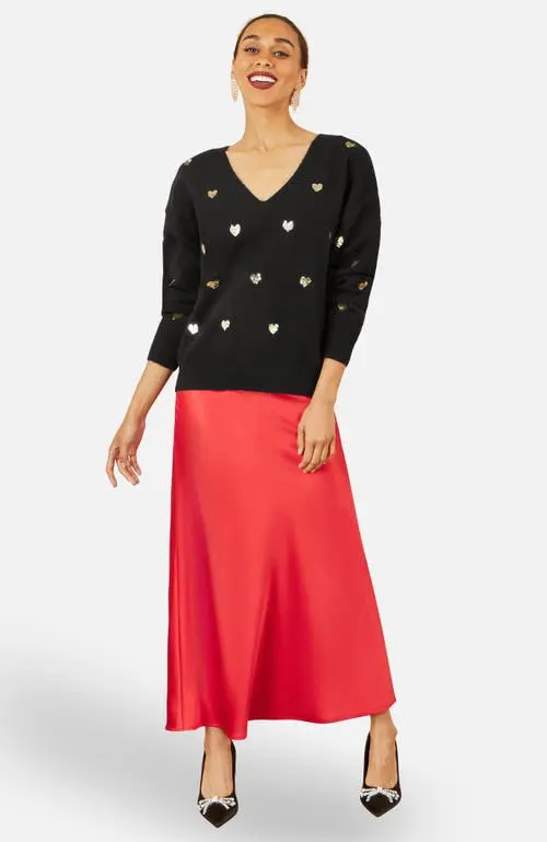 YUMI Sequin Heart V-neck Jumper