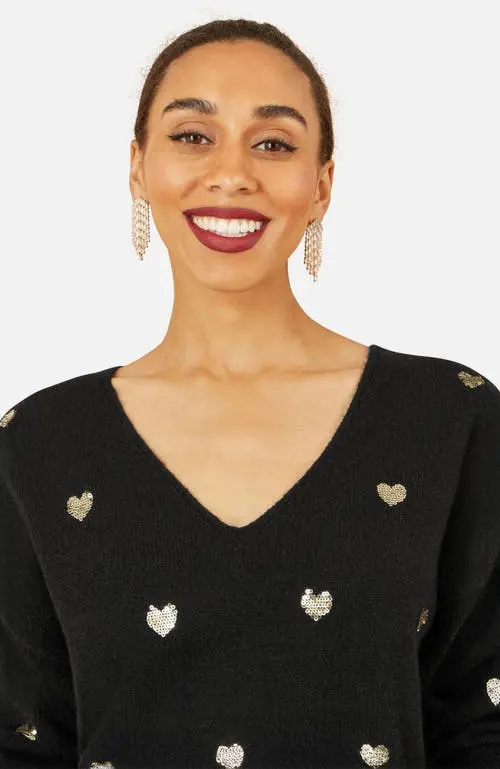 YUMI Sequin Heart V-neck Jumper
