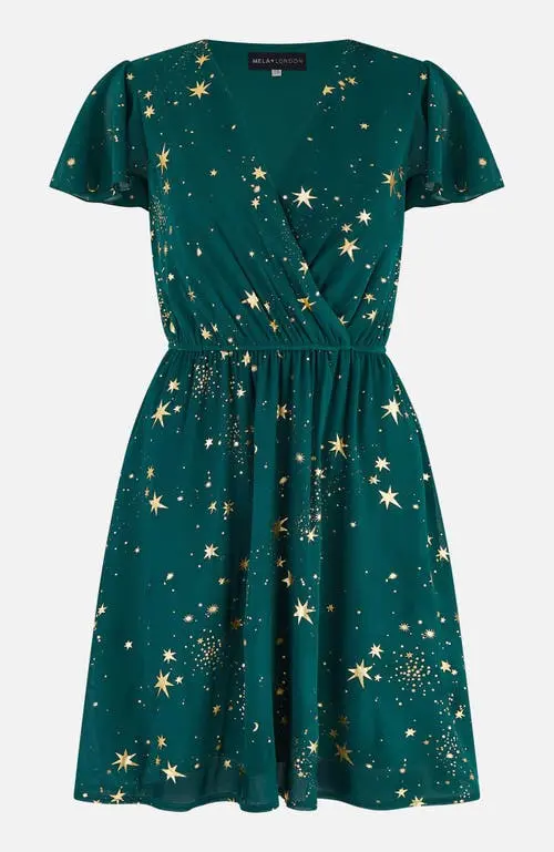 YUMI Foil Star Print Wrap Skater Dress