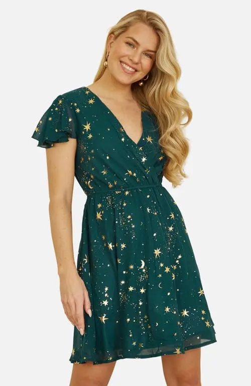 YUMI Foil Star Print Wrap Skater Dress