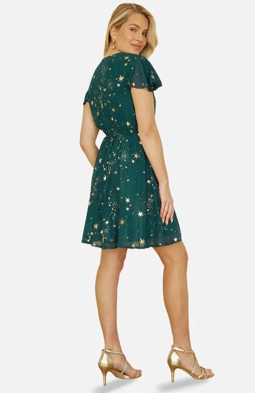 YUMI Foil Star Print Wrap Skater Dress