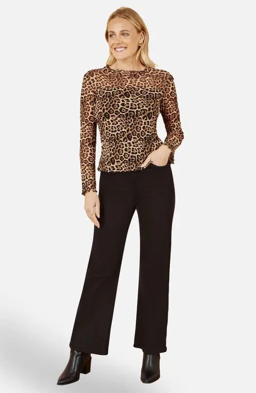 YUMI Leopard Print Mesh Stretch Fitted Top