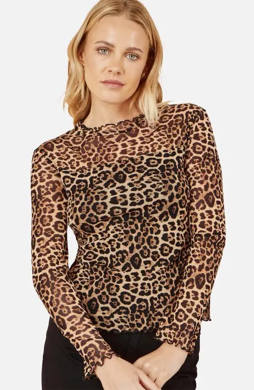 YUMI Leopard Print Mesh Stretch Fitted Top