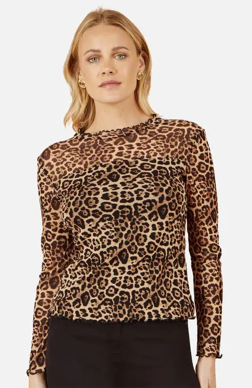 YUMI Leopard Print Mesh Fitted Top - Brown