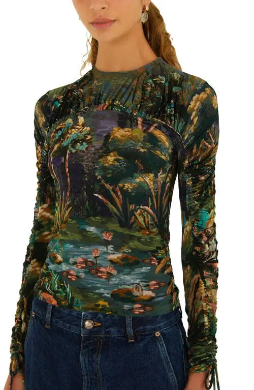 Farm Rio Petricor Long Sleeve Ruched Jersey Top - Green