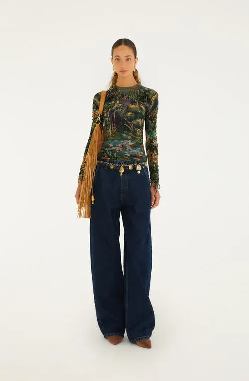 Farm Rio Petricor Long Sleeve Ruched Jersey Top
