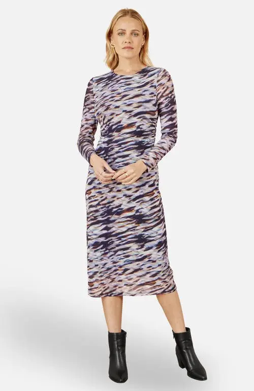 YUMI Abstract Stripe Ruched Midi Dress - Multi