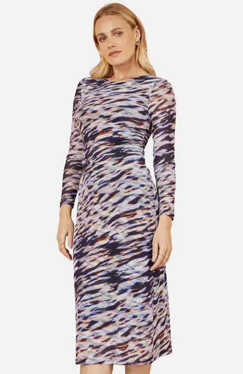YUMI Abstract Stripe Ruched Midi Dress