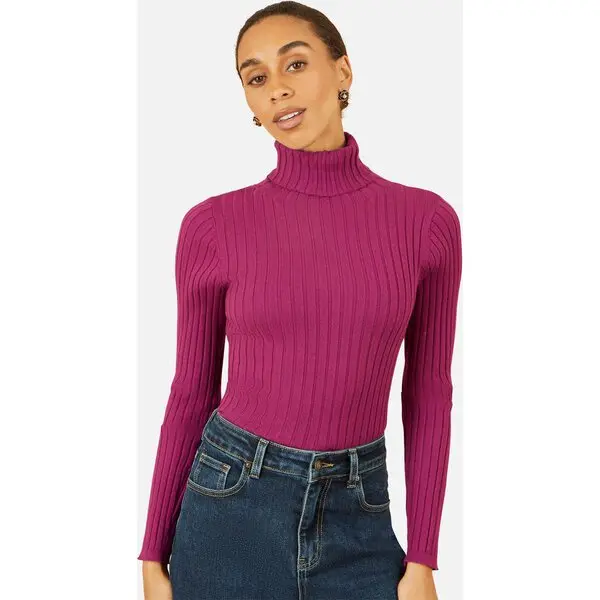 YUMI Ribbed Knit Roll Neck Jumper - Plum
