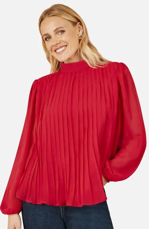 YUMI Pleated Long Sleeve Top - Red
