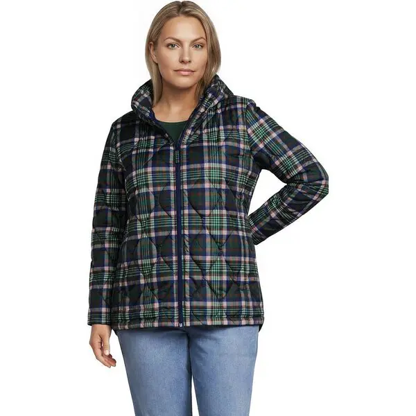 LANDS' END Print Featherfree Quilted Insulated Jacket - Dark Walnut/pine Plaid