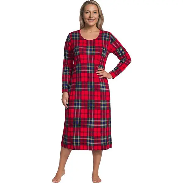 LANDS' END Cotton Long Sleeve Midcalf Nightgown - Compass Red/pine Plaid
