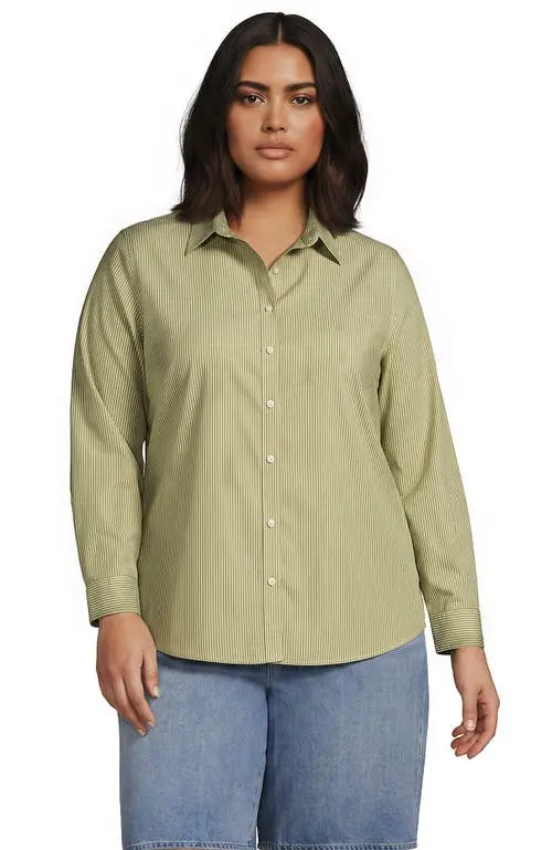 LANDS' END No Iron Button Front Shirt - Chartreuse Thin Stripe