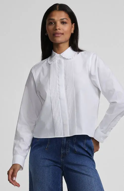 LANDS' END Boxy Cropped No Iron Pintuck Ruffle Collar Shirt - White