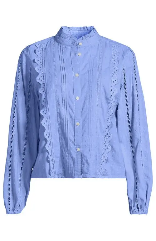 LANDS' END Ruffle Neck Button Front Shirt - Clear Blue Sky