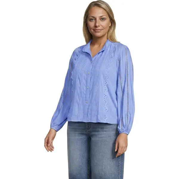 LANDS' END Ruffled Neck Button-front Shirt - Clear Blue Sky