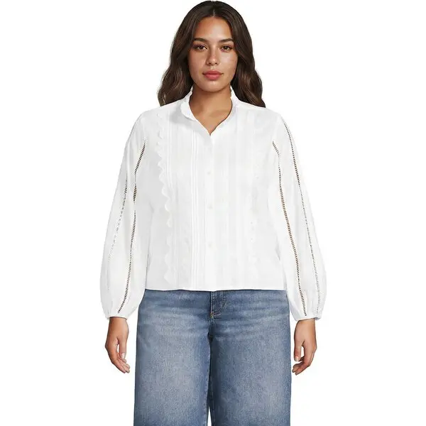 LANDS' END Ruffle Neck Button Front Shirt - White