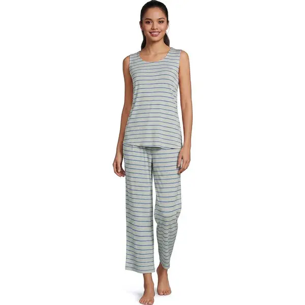 LANDS' END Cooling 3 Piece Pajama Settank Crop And Robe - Celery Multi Stripe