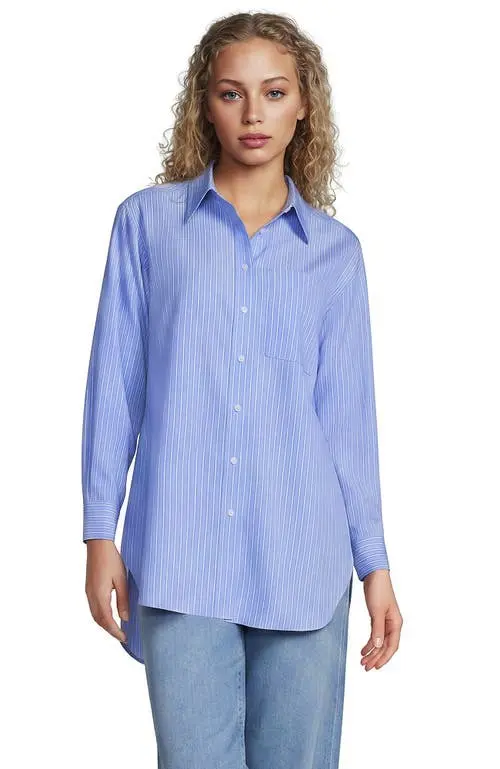 LANDS' END No Iron Oversized Poplin Tunic Shirt - Clear Blue Sky/lapis Stripe