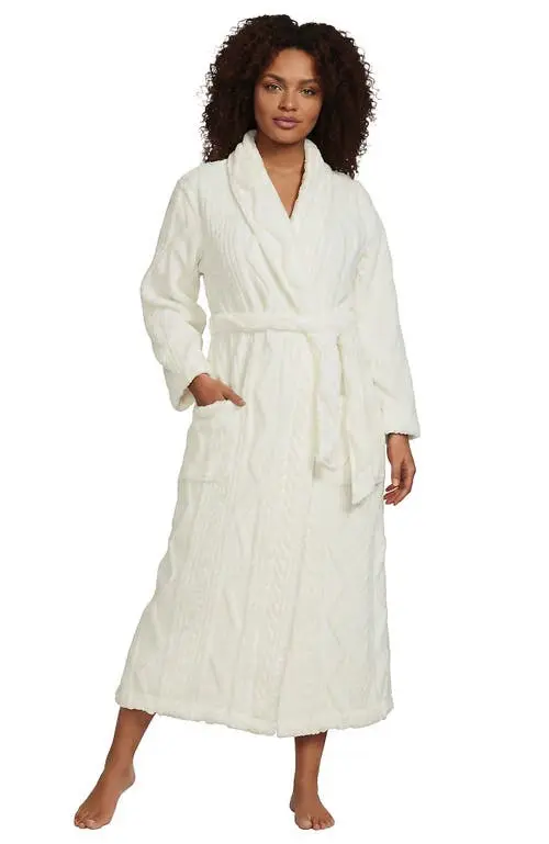 LANDS' END Cozy Plush Long Wrap Robe - Ivory