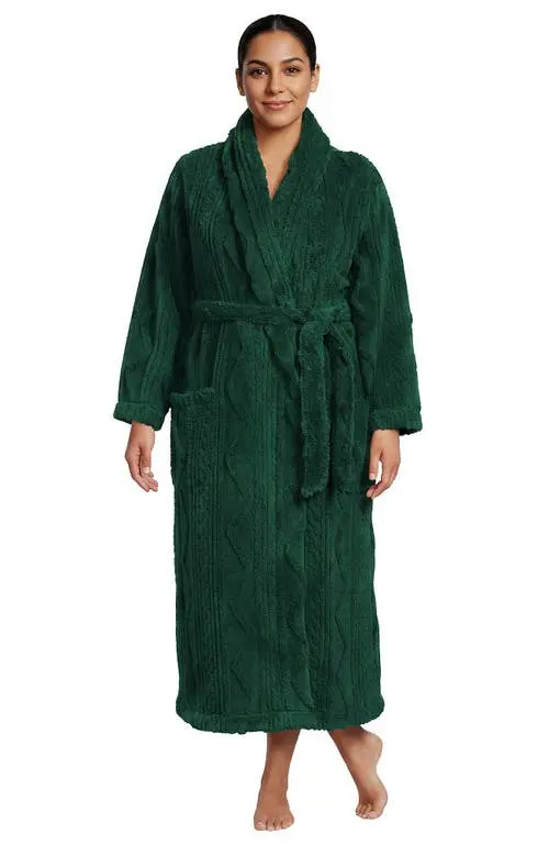 LANDS' END Cozy Plush Long Wrap Robe - Pine