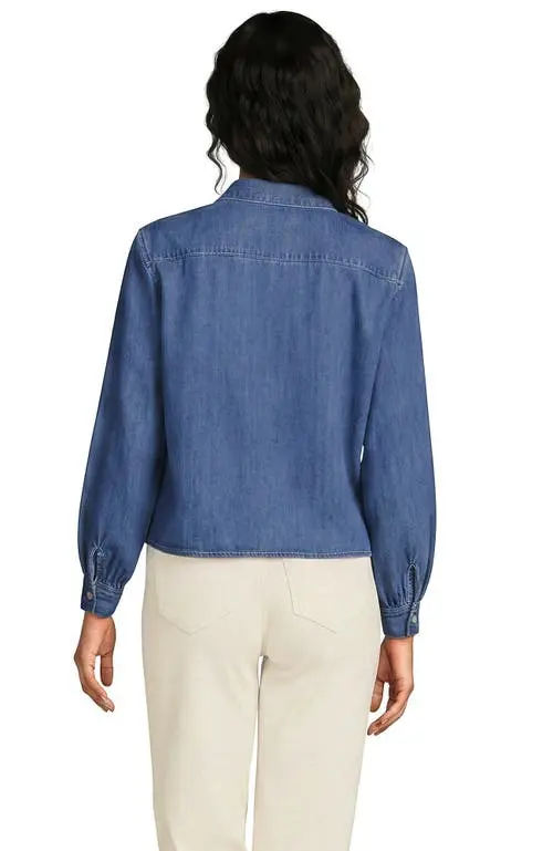 LANDS' END Cropped Denim Button Front Shirt - Light Indigo