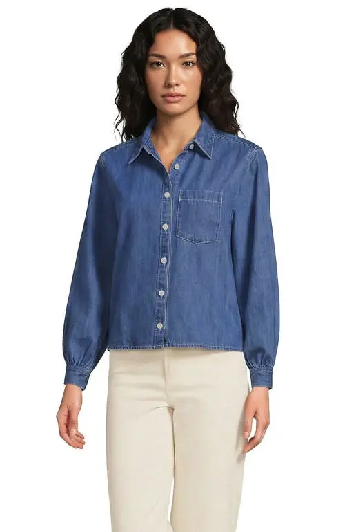 LANDS' END Cropped Denim Button Front Shirt - Light Indigo