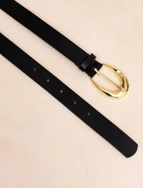 BOBBIES Dali Leather Belt With Gold Tone Buckle - Dark Black