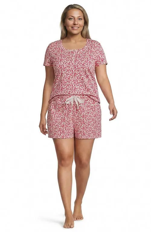 LANDS' END Knit 2 Piece Pajama Setshort Sleeve Top And Shorts - Compass Red Pressed Flower