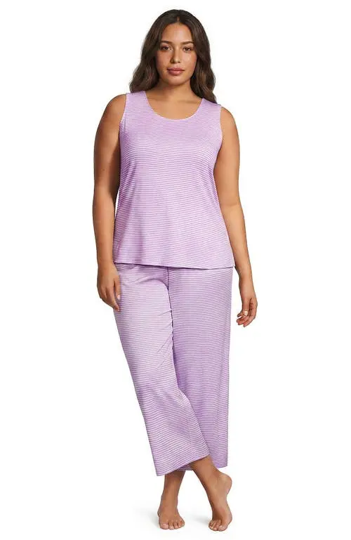 LANDS' END Cooling 3 Piece Pajama Settank Crop And Robe - Blushed Lilac Mini Stripe