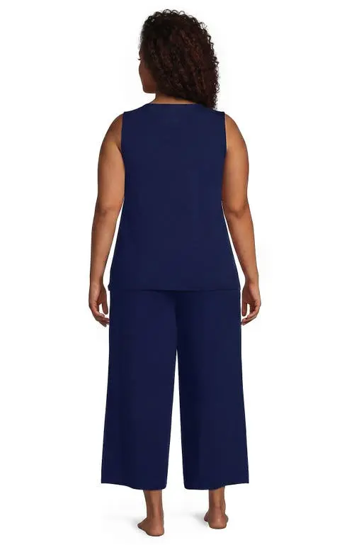LANDS' END Cooling 3 Piece Pajama Settank Crop And Robe - Deep Sea Navy