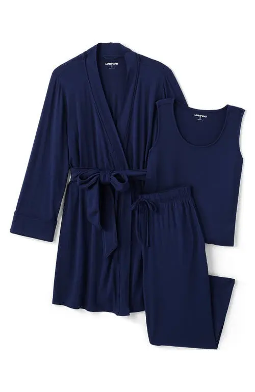 LANDS' END Cooling 3 Piece Pajama Settank Crop And Robe - Deep Sea Navy