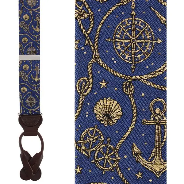 Trafalgar Anchor's Away Silk Novelty Button End Suspenders - Navy