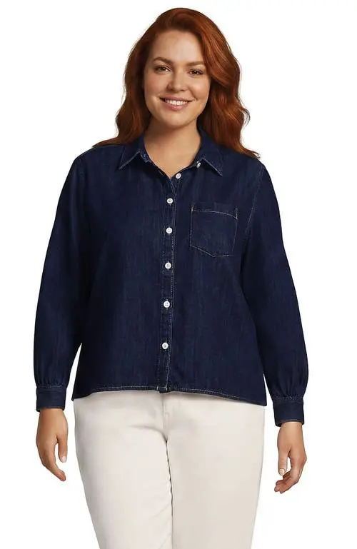 LANDS' END Denim Cropped Button Front Shirt - Dark Indigo
