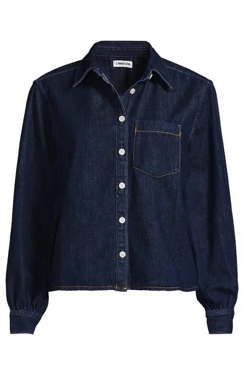 LANDS' END Denim Cropped Button Front Shirt - Dark Indigo