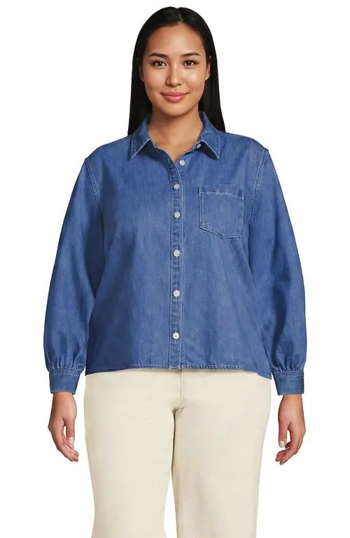 LANDS' END Denim Cropped Button Front Shirt - Light Indigo