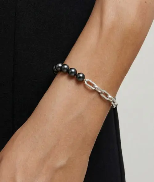 The Pearl Source 7.5-8.0mm Black Freshwater Pearl & Chain Blake Bracelet For - Sterling Silver Chain