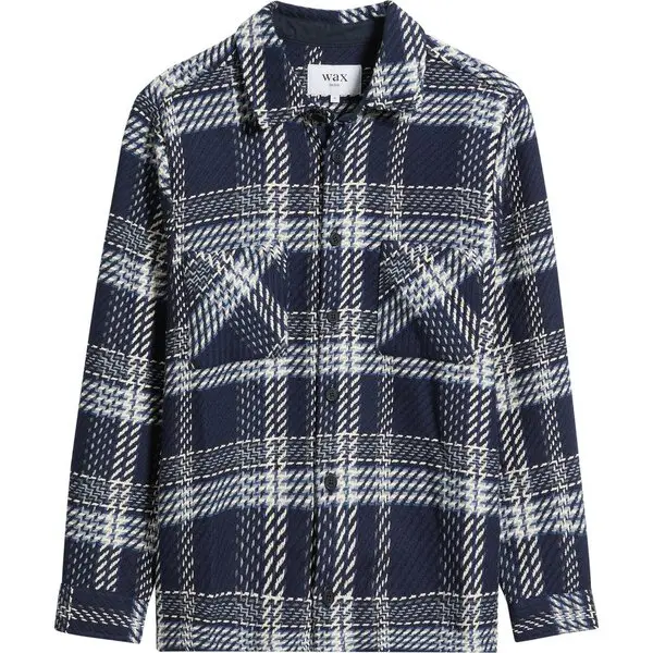 WAX LONDON Whiting Plaid Recycled Cotton Blend Overshirt - Navy/ecru