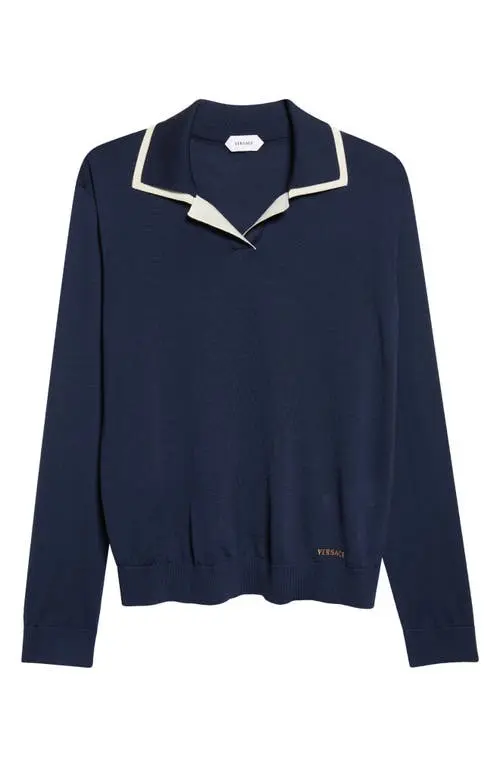 Versace Classic Wool Blend Polo Sweater - Navy