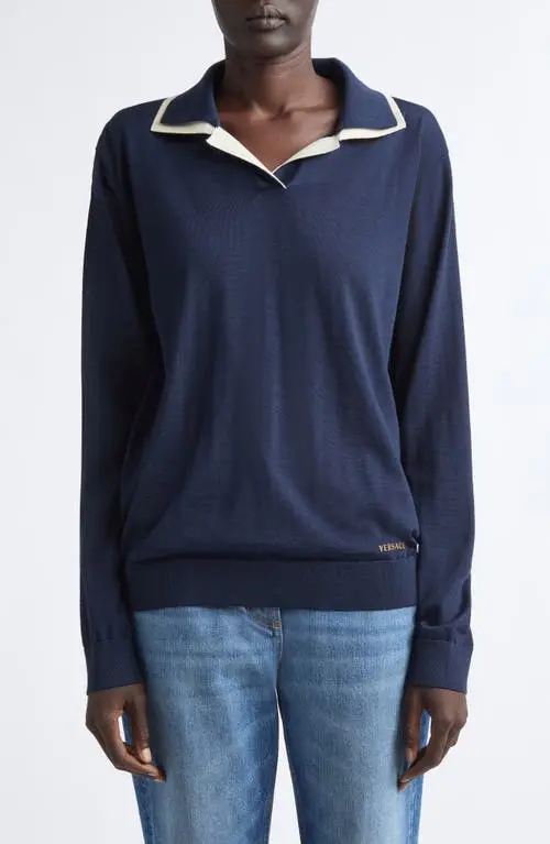Versace Classic Wool Blend Polo Sweater With Embroidered Logo - Navy