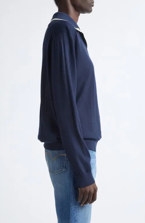 Versace Classic Wool Blend Polo Sweater With Embroidered Logo - Navy