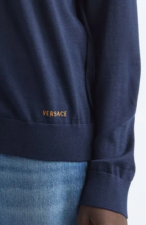 Versace Classic Wool Blend Polo Sweater With Embroidered Logo - Navy