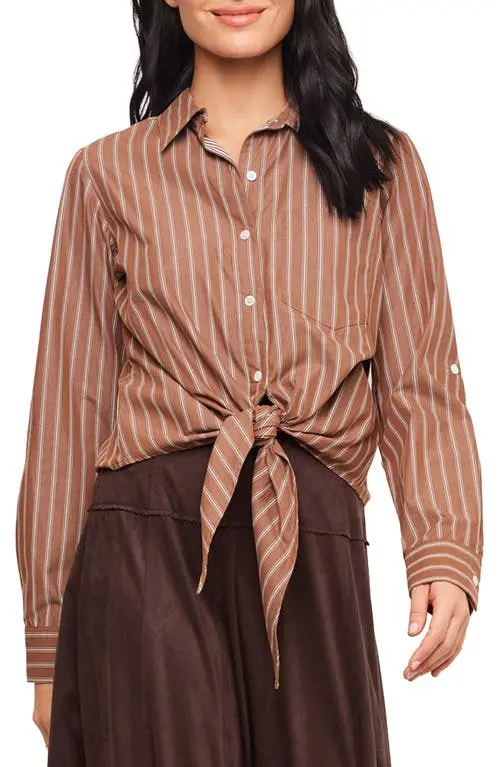 Karen Kane Striped Tie Front Shirt - Mocha