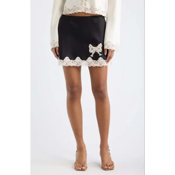 LoveShackFancy Sabrine Satin & Lace Miniskirt - Black