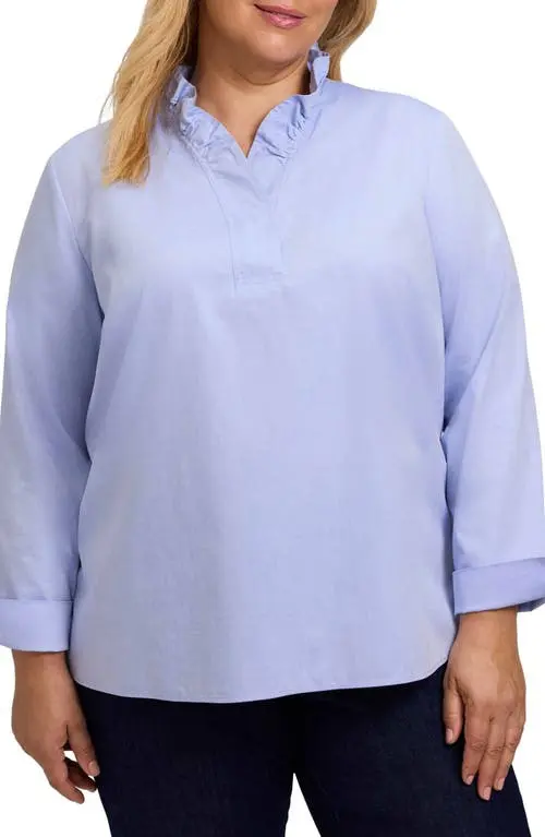 Foxcroft Tammy Ruffle Cotton Popover Top - Blue Wave