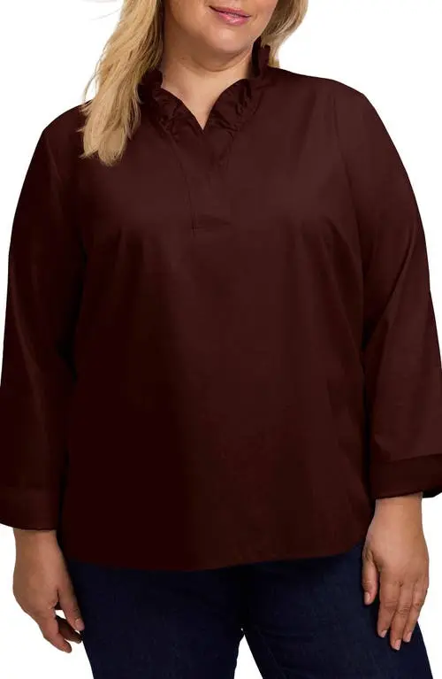 Foxcroft Tammy Ruffle Cotton Popover Top - Chicory Coffee