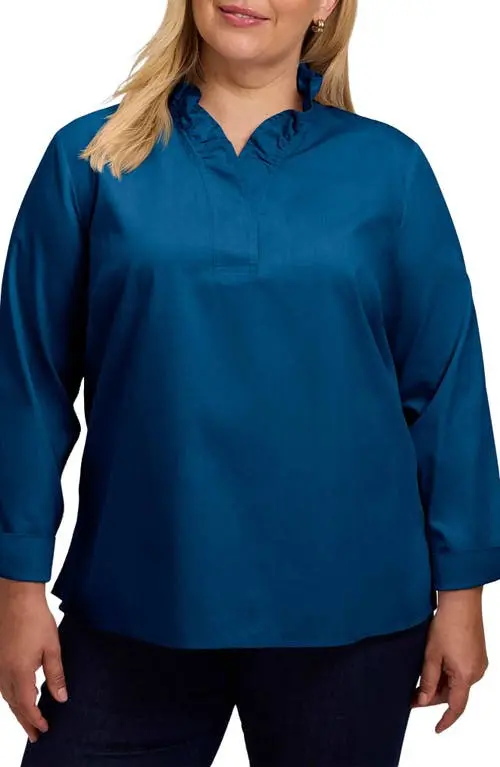 Foxcroft Tammy Ruffle Cotton Popover Top - Teal