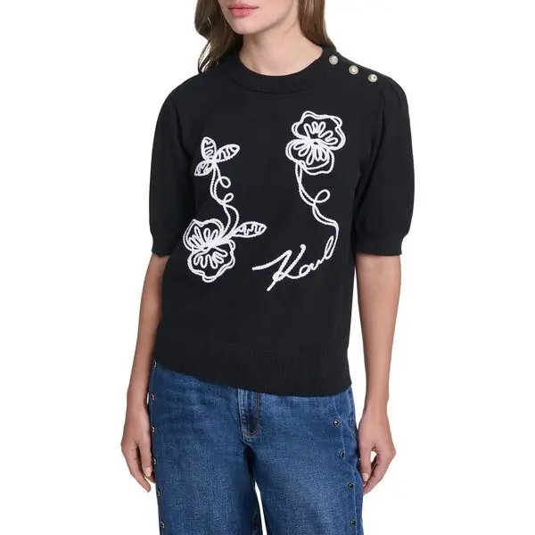 Karl Lagerfeld Paris Floral Stitch Short Sleeve Cotton Blend Sweater - Black/soft White